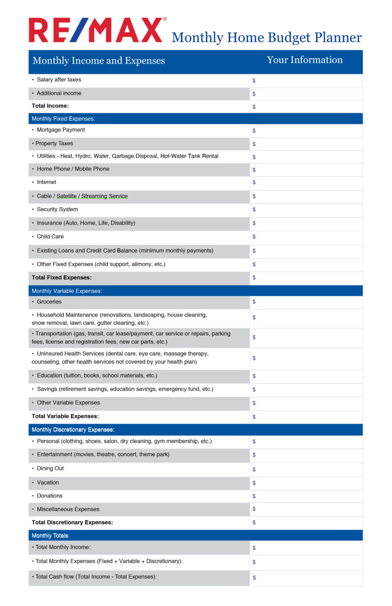 RE/MAX Monthly Home Budget Planner - RE/MAX Canada